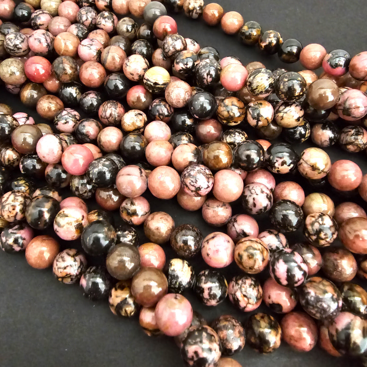 Rhodonite Black Vein 10mm Polished Round Natural Gemstone Bead Strand ...